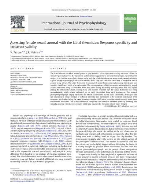 Pdf Assessing Female Sexual Arousal With The Labial Thermistor