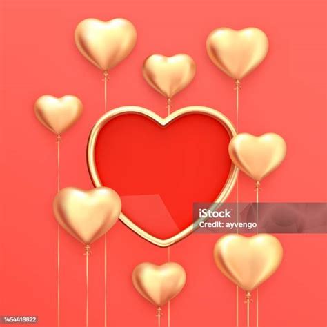 행복한 발렌타인 데이 휴일 장식 배너입니다 빨간색 배경에 금색 하트 모양의 풍선으로 둘러싸인 금색 트림이 있는 빨간색 하트 모양의 메달 현실적인 3d 벡터 그림 금 금속에
