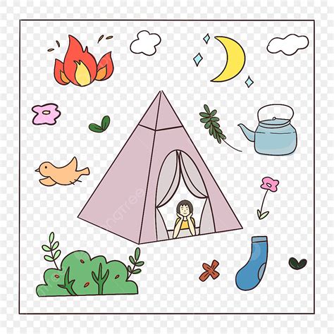 캠핑 일러스트 필수품 텐트 단체 사진 나무 봄 불 어린이 집 카메라 하늘 캠핑 피크닉 여행 Png 일러스트 및 Psd