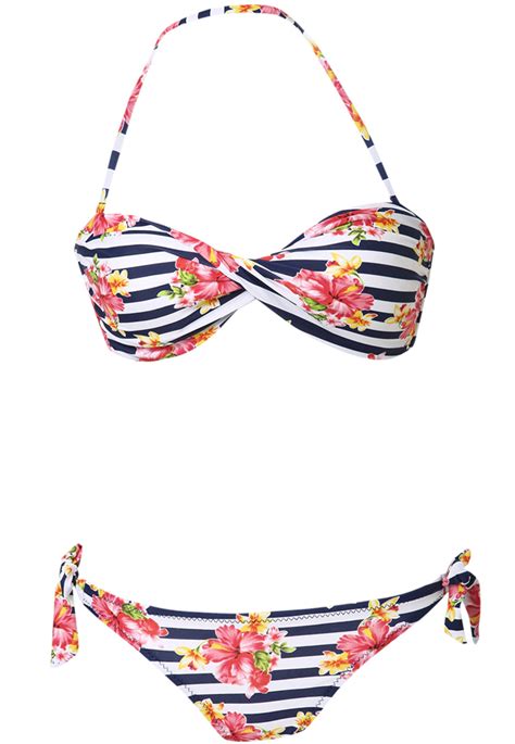 Navy White Halter Striped Floral Strapless Bandeau Bikini SheIn Sheinside