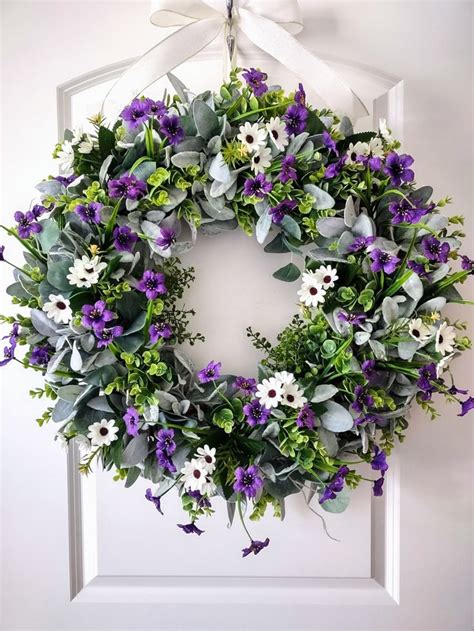 Lambs Ear With Purple And White Florals Wreath For Front Door Summer