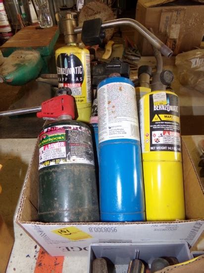 Box W 5 Propane MAPP Torches 6 Partial Bottles Of Propane MAPP