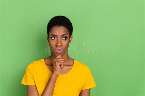 Photo Of Unsure Young Short Hairdo Lady Look Promo Wear Yellow T Shirt