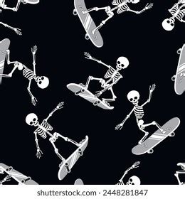 Cartoon Skeleton Skateboarding Seamless Pattern Vector Stock Vector
