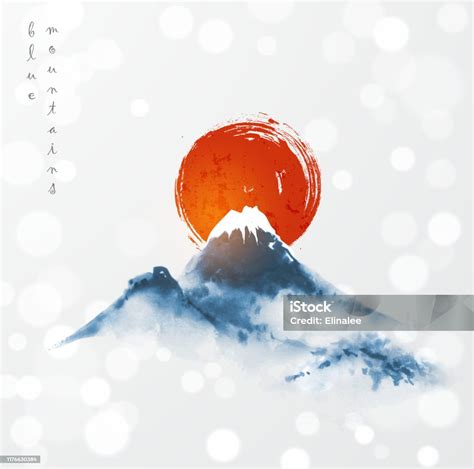 藍山和大紅太陽象徵日本傳統的日本水墨洗畫sumie在白色發光的背景富士山向量圖形及更多中國文化圖片 中國文化 亞洲 側影 Istock