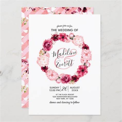 Pink And Burgundy Floral Wreath Wedding Invitations Zazzle Floral