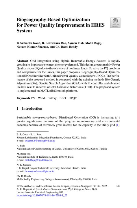 PDF Biogeography Based Optimization For Power Quality Improvement In HRES System
