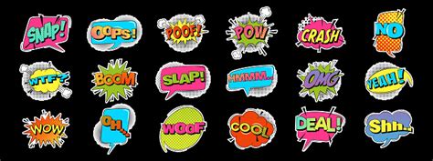 트렌디한 복고풍 스타일의 텍스트로 폭발적인 말풍선 코믹 음향 효과 팝 아트 스티커 컬렉션 Onomatopoeia에 대한 스톡 벡터 아트 및 기타 이미지 Istock