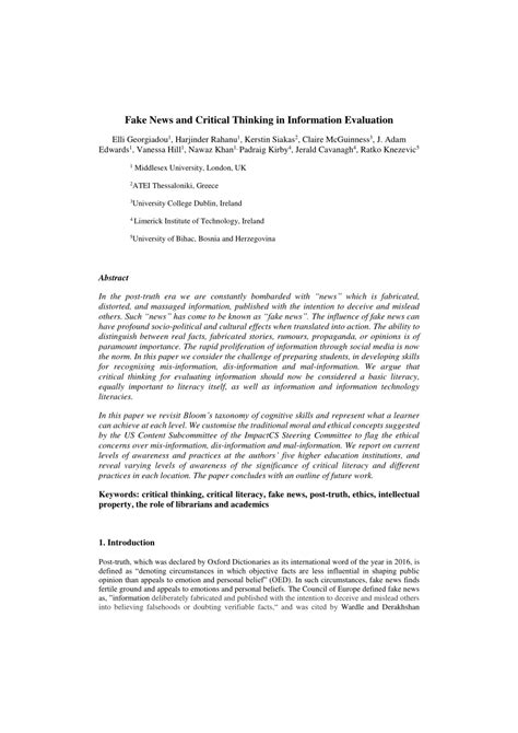 Pdf Fake News And Critical Thinking In Information Evaluation