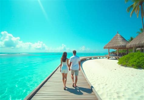 Couple Walking Hand In Hand On Wooden Pier Toward Overwater Bungalow