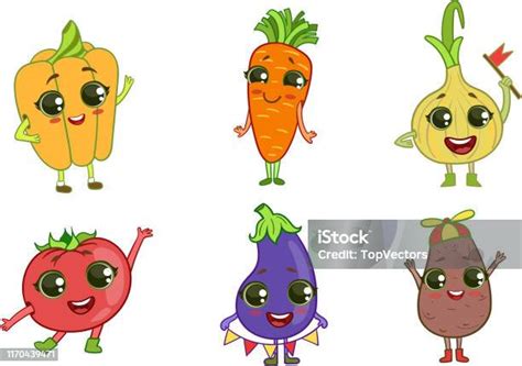 다채로운 귀여운 가와이 야채 세트 재미있는 얼굴 토마토 가지 감자 후추 당근 양파 벡터 일러스트와 채식 음식 문자 0명에 대한