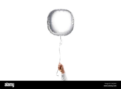 Hand Holding Blank Silver Round Balloon Mockup Isolated 3d Rendering Empty Metallic Rounded