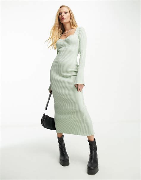 Bershka Corset Detail Rib Knitted Midaxi Dress In Green Lyst