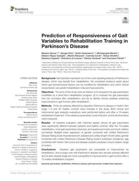 Pdf Prediction Of Responsiveness Of Gait Variables To Rehabilitation Training In Parkinsons