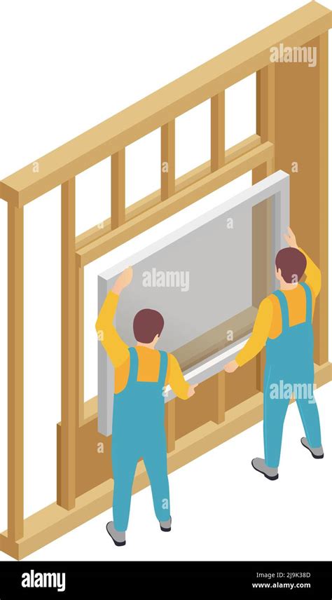 Modular Frame Building Isometric Composition With Human Characters Of Workersinstalling Window