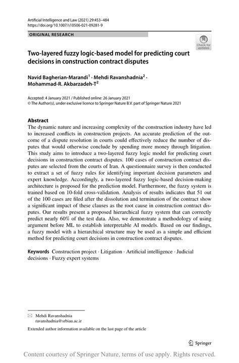 Two Layered Fuzzy Logic Based Model For Predicting Court Decisions In Construction Contract