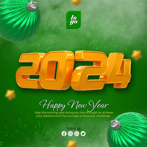 Renderização 3d feliz ano novo 2024 ouro modelo de design de banner