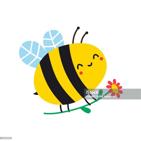 Cute Bee With A Flower Vector Illustration向量圖形及更多卡通圖片 卡通 自由 蜜蜂 Istock