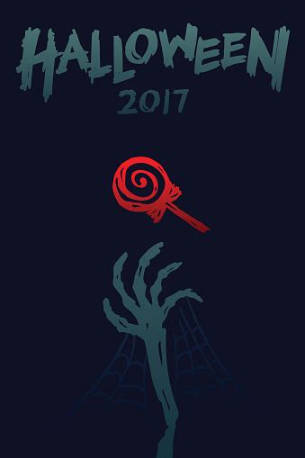 할로윈 2017 배경 템플릿 세트 일러스트와 함께 막대 사탕 사탕 개념 설계 및 할로윈 2017 텍스트 복사 공간와 어두운 파란색 배경에 고립 된 해골 괴물 손을 가을에