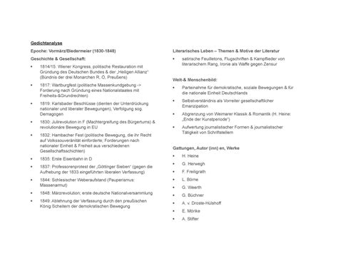 Gedichtanalyse Gedichtanalyse Epoche Vormärzbiedermeier 1830 1848