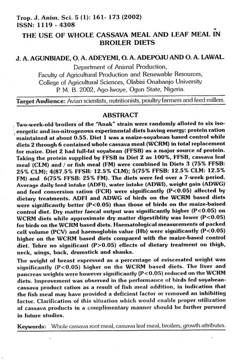 Pdf The Use Of Whole Cassava Meal And Leaf Meal In Broiler Diets