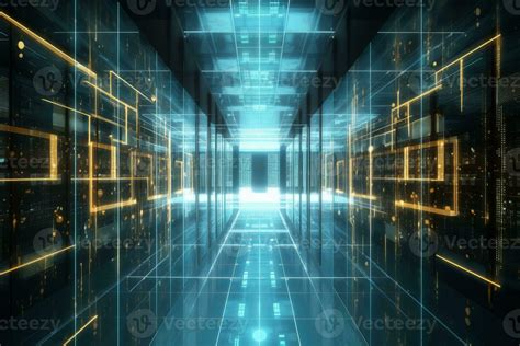 Modern Server Room With Blue Lights And Blue Lines Super Computer Room