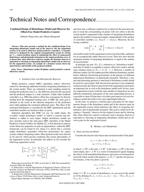 Pdf Combined Design Of Disturbance Model And Observer For Offset Free Model Predictive Control