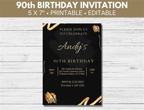 Editable 90th Birthday Party Invitation 90th Birthday Invitation Easy
