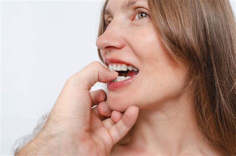 Beautiful Woman Playfully Bites Man S Finger Stock Image Image Of