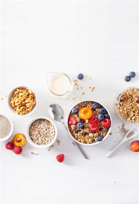 Healthy Granola For Breakfast With Berry Fruit Nut Plant Milk Stock