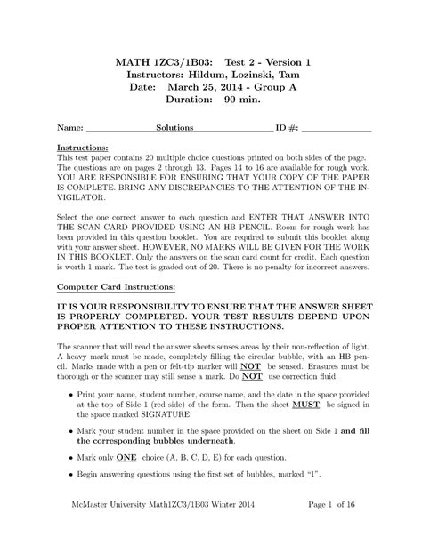 Math1b03 Test2 V A1 Solution Math 1zc3 1b03 Test 2 Version 1 Instructors Hildum Lozinski