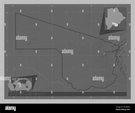 Southern District Of Botswana Grayscale Elevation Map With Lakes And Rivers Corner Auxiliary