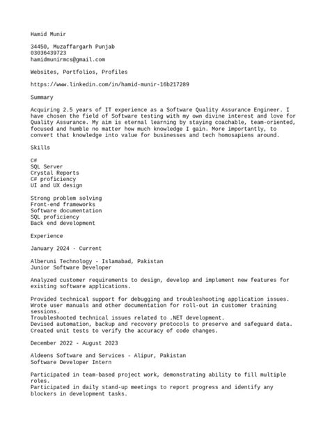 Hamid Munir Resume Pdf Software Computing