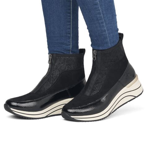 Remonte D0t71 Black Patent Zip Front Ankle Boots Millars Shoe Store