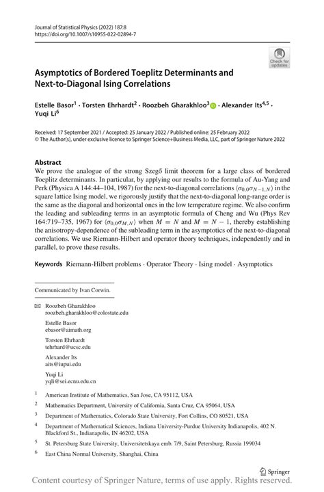Asymptotics Of Bordered Toeplitz Determinants And Next To Diagonal Ising Correlations Request Pdf