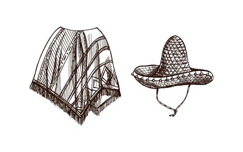 Dibujado A Mano Bosquejo De Realista Mexicano Poncho Y Sambrero