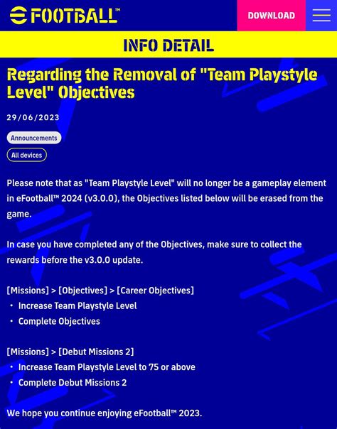 Removal Of Team Playstyle Level Objectives In Efootball 2024 V30
