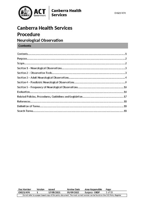 Neurological Observation Canberra Health Services Procedure
