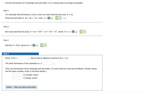 solved find the dimensions of a rectangle with perimeter 104