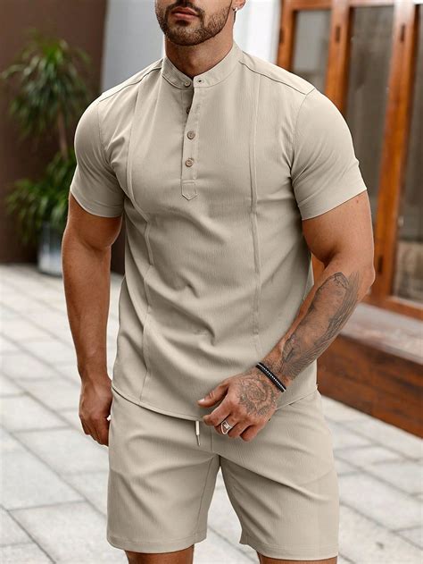 Manfinity Homme Men Half Button Top Shorts In 2024 Mens Outfits