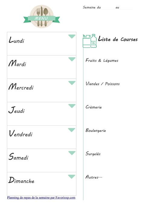 Planificateur menus de la semaine à imprimer Planning PDF vierge