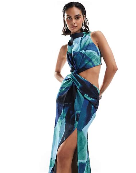 Asos Design Maxikleid Mit Racerrücken Und Verdrehtem Detail In Blau