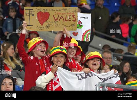 Welsh Football Supporters At Cardiff City Stadium Young Fans Wearing
