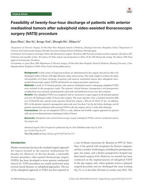 Pdf Feasibility Of Twenty Four Hour Discharge Of Patients With Anterior Mediastinal Tumors