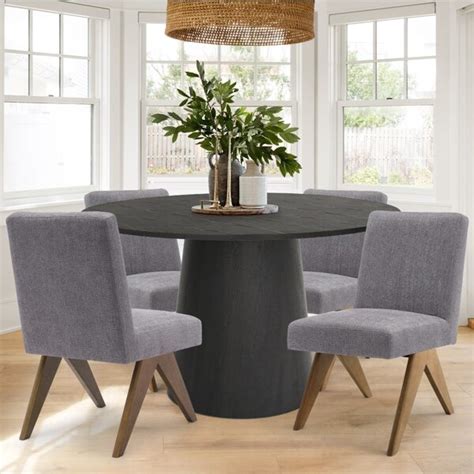 Dwen Mor 5 Piece Black Dining Table Set With 4 Gray Upholstered Chairs