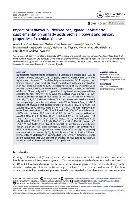Pdf Impact Of Safflower Oil Derived Conjugated Linoleic Acid