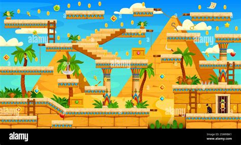 Ancient Egypt 2d Arcade Game Level Map Interface Egyptian Pyramids Platform And Stone Stairs