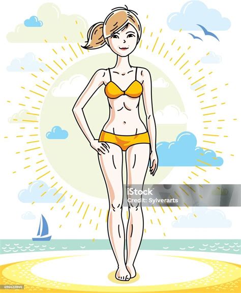 매력적인 젊은 금발 여자 수영복을 착용 하 고 열 대 해변에 서 서 벡터 인간 그림입니다 여름 휴가 테마 가냘픈에 대한 스톡