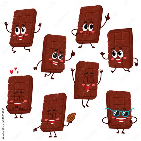 Set Of Cute And Funny Chocolate Bar Characters Showing Various Emotions