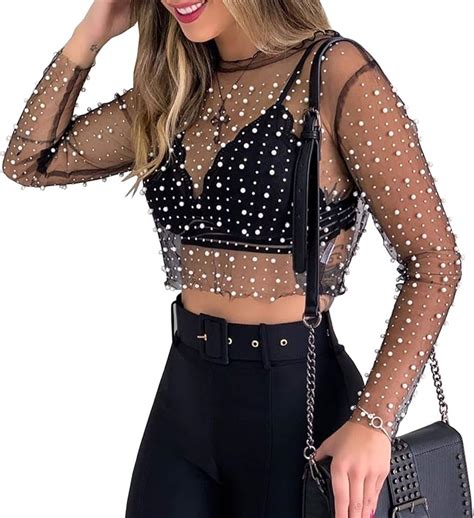 Modegal Womens Pearl Rhinestone See Through Long Sleeve Mesh Blouse One Piece Cover Up Crop Top